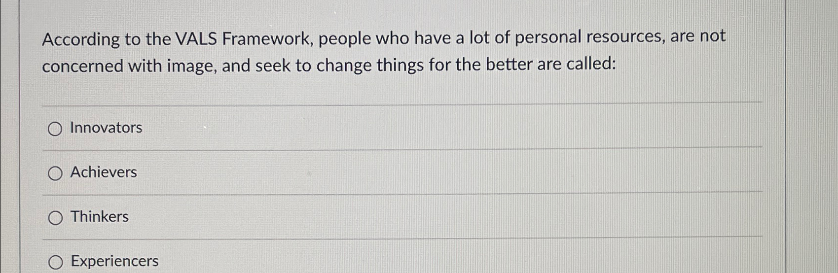 Solved According to the VALS Framework, people who have a | Chegg.com