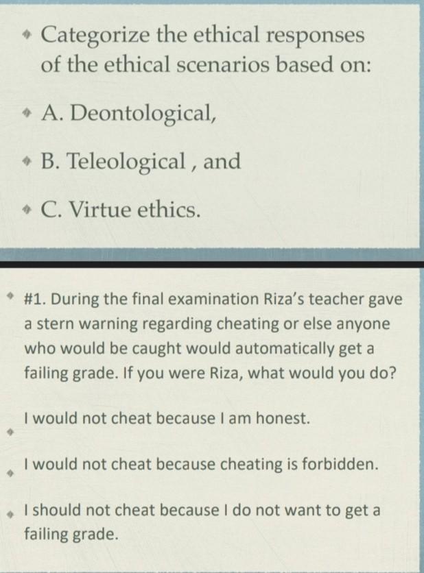 Solved • Categorize the ethical responses of the ethical | Chegg.com
