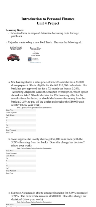 Solved Introduction to Personal Finance Unit 4 Project | Chegg.com