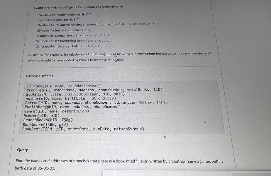 Solved 5ymbols for Relational Algebra Expressions and Other | Chegg.com