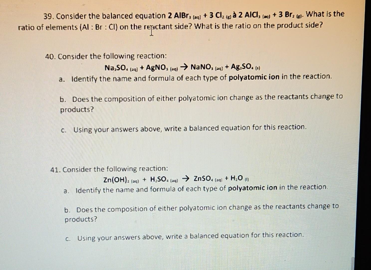 Solved 39. Consider the balanced equation 2AlBr3(aq]+3Cl2( | Chegg.com