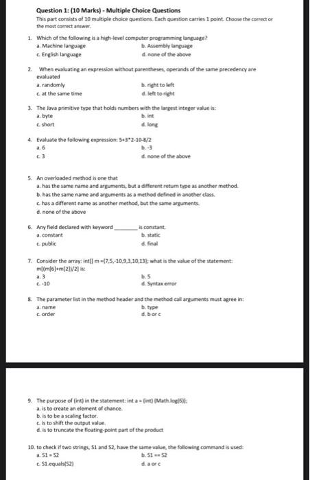 Solved Question 1: (10 Marks) - Multiple Choice Questions | Chegg.com