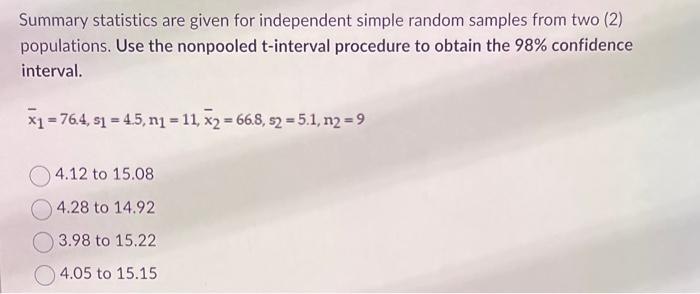 Solved Summary statistics are given for independent simple | Chegg.com