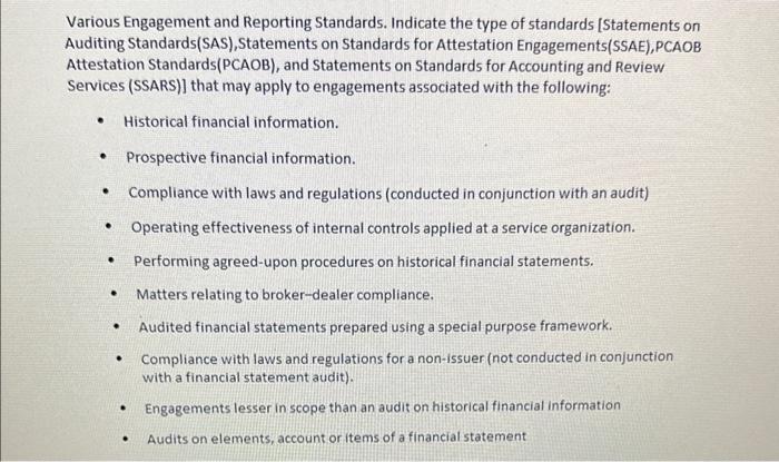 Solved Various Engagement and Reporting Standards. Indicate | Chegg.com