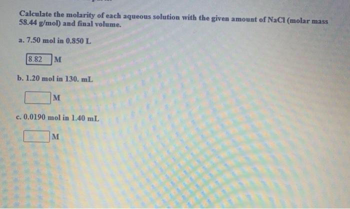 Solved Calculate the molarity of each aqueous solution with | Chegg.com