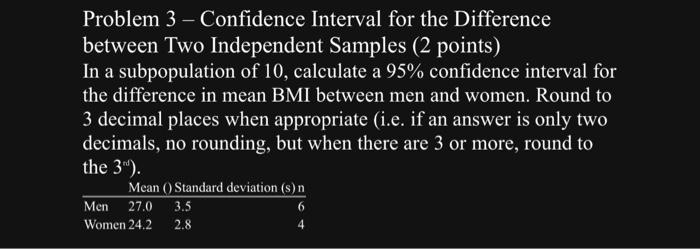 Solved Problem 3 - Confidence Interval for the Difference | Chegg.com