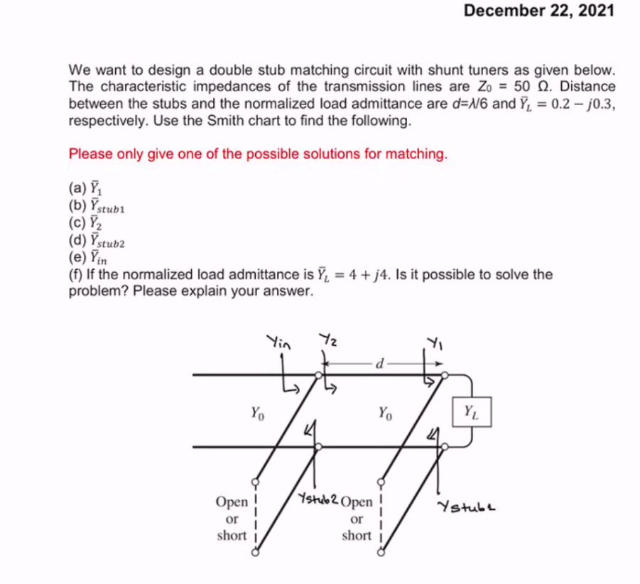 Solved We want to design a double stub matching circuit with | Chegg.com