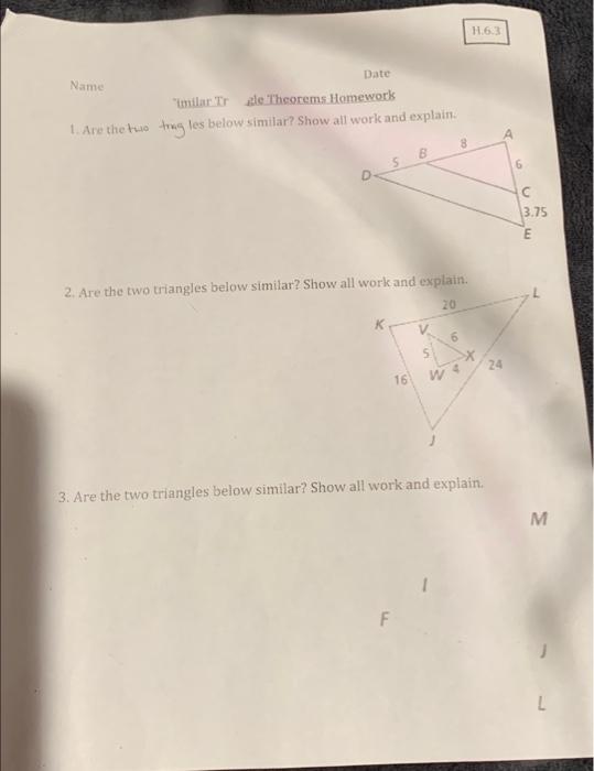 Solved 1. Are the tuo trig les below similar? Show all work | Chegg.com