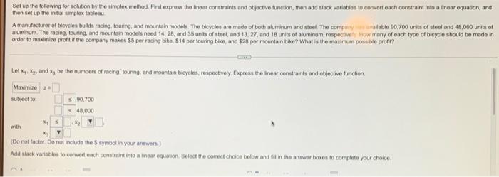 Solved Set up the following for solution by the simplex | Chegg.com