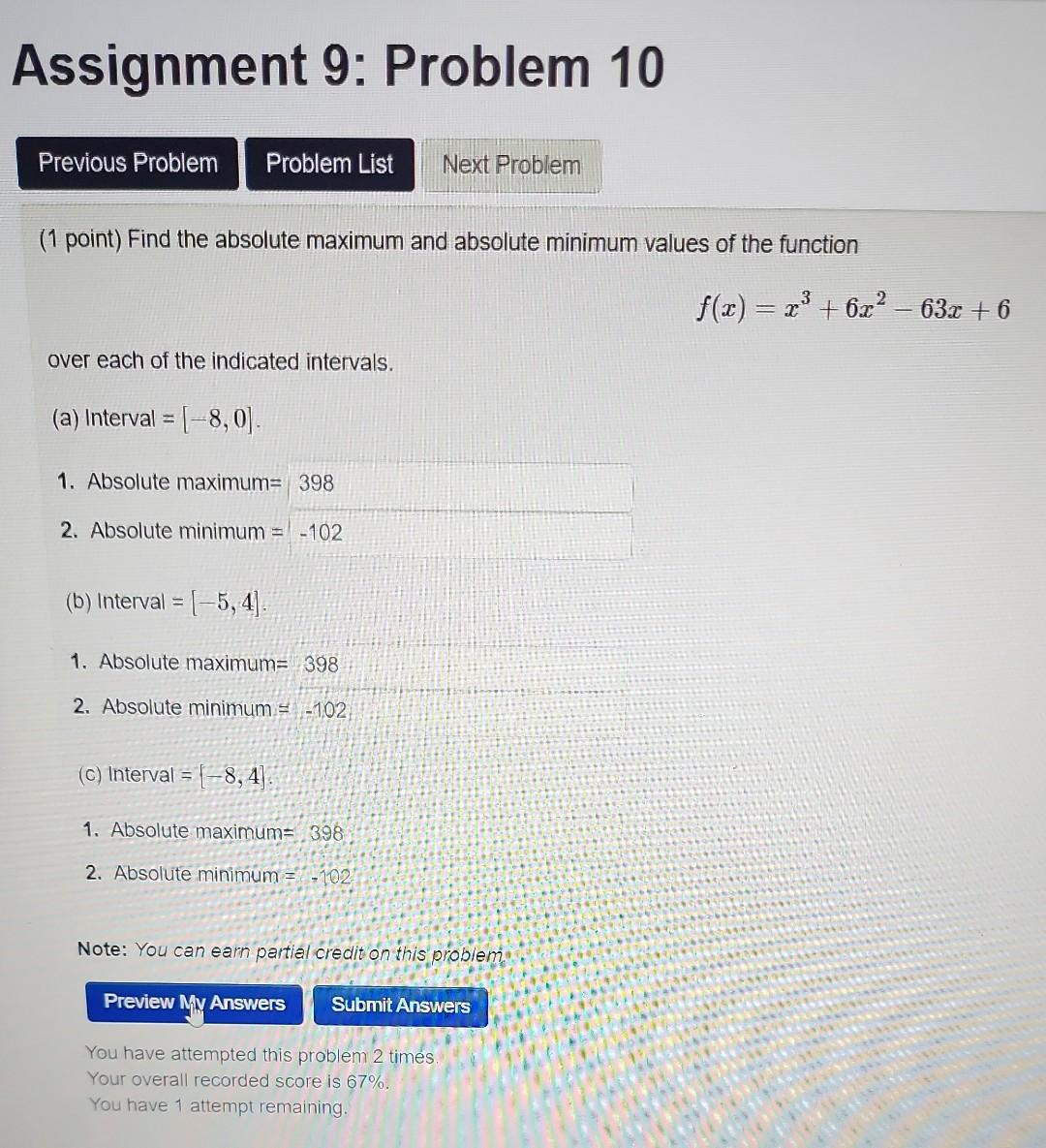 Solved Assignment 9: Problem 10 (1 point) Find the absolute | Chegg.com