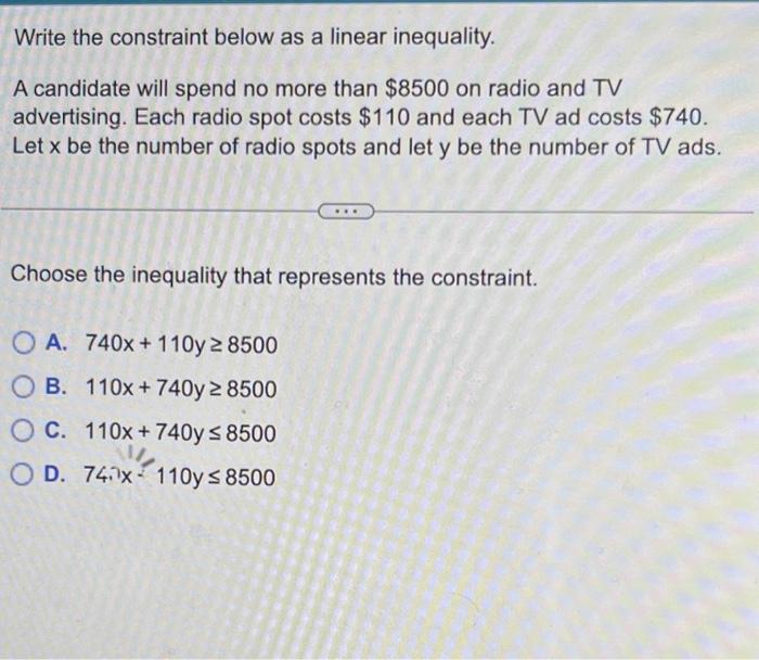 Solved Write the constraint below as a linear inequality. A | Chegg.com