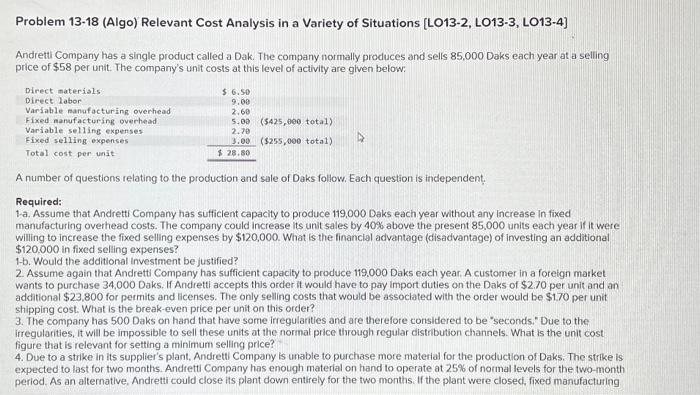 Solved Problem 13-18 (Algo) Relevant Cost Analysis in a | Chegg.com