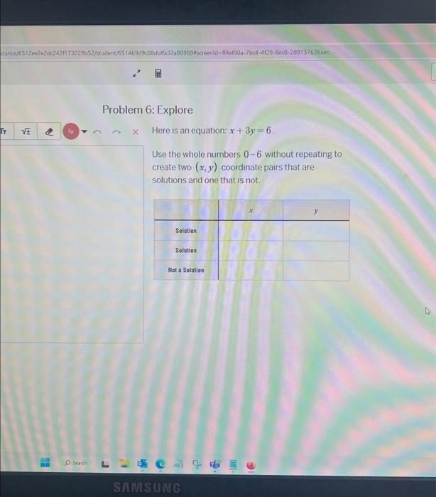 Solved Here is an equation: x+3y=6. Use the whole numbers | Chegg.com