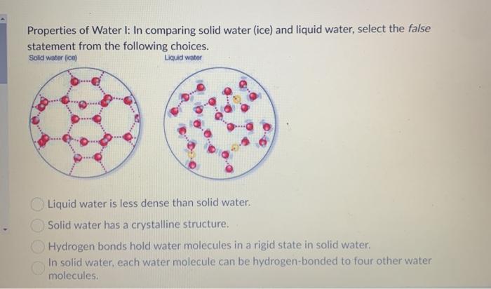 Solved Properties of Water I: In comparing solid water (ice) | Chegg.com