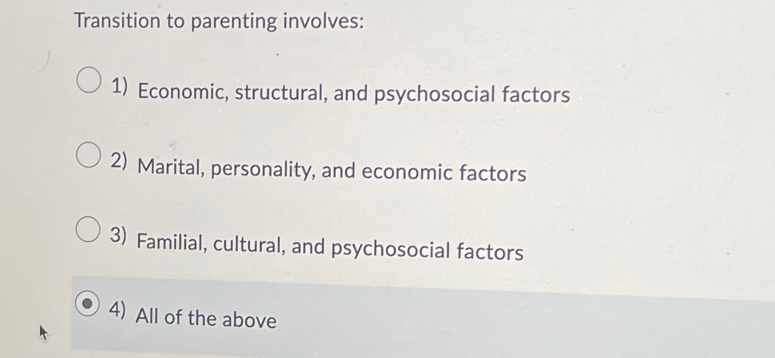 Solved Transition to parenting involves:Economic, | Chegg.com