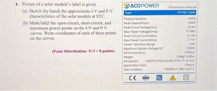 Solved 4. Picture of a solar module's label is given. (a) | Chegg.com