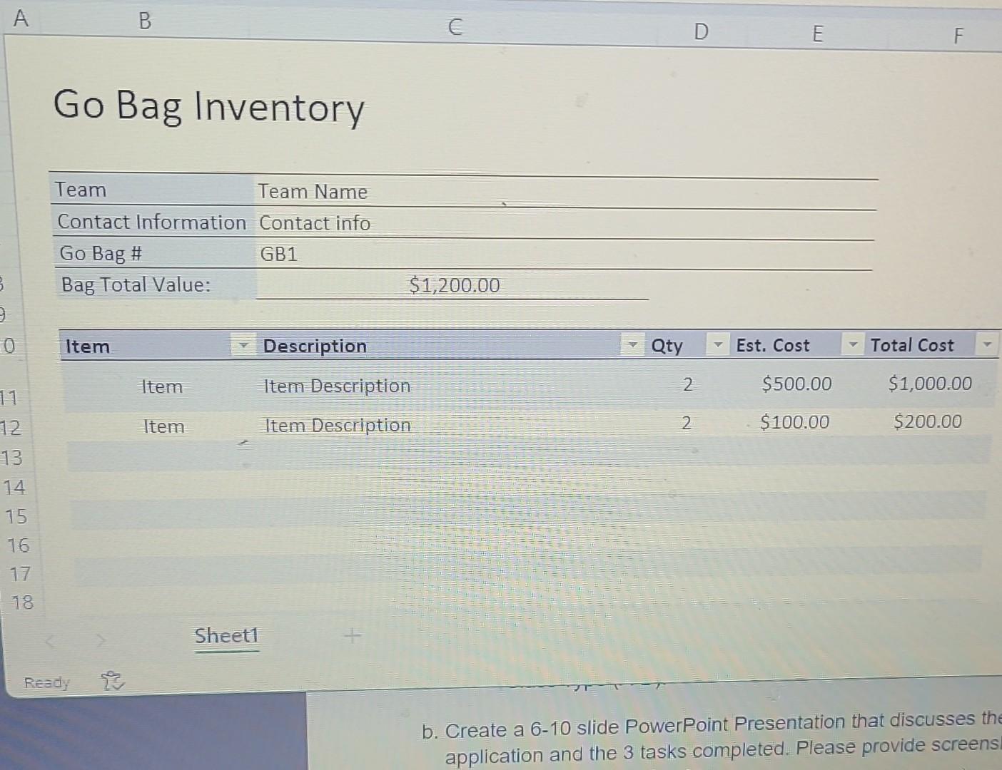 Solved Go Bag Inventory b. Create a 6-10 slide PowerPoint | Chegg.com