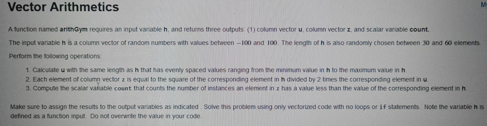 Solved M Vector Arithmetics A function named arith Gym | Chegg.com