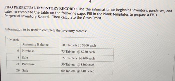 Solved FIFO PERPETUAL INVENTORY RECORD: Use the information | Chegg.com
