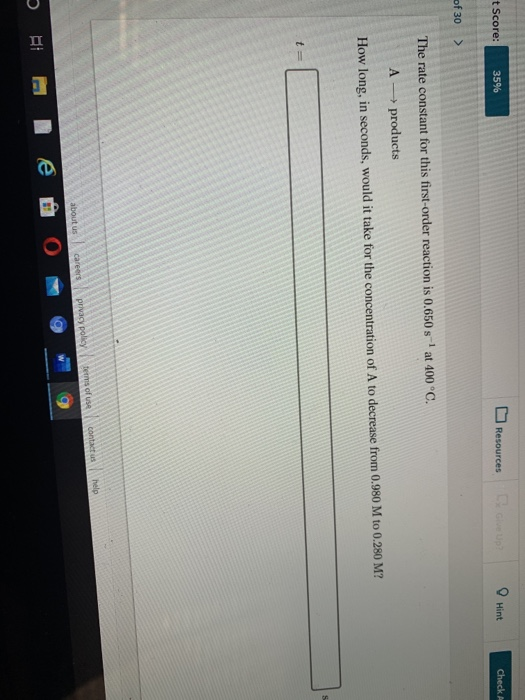 Solved t Score: 35% Resources 1 Give Up? Hint Check of 30 > | Chegg.com