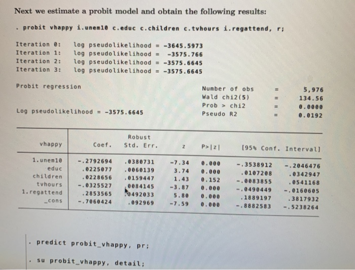 Next we estimate a probit model and obtain the | Chegg.com