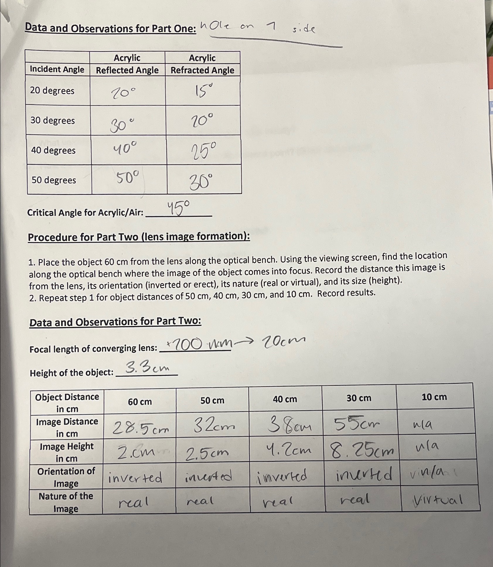 Data/Object/Image Distances In PhotoData and | Chegg.com