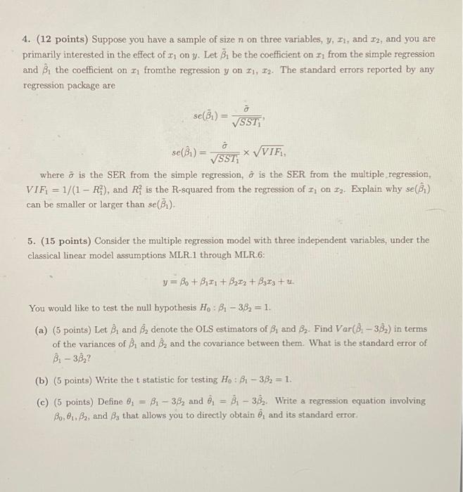 Solved 4. (12 points) Suppose you have a sample of size n on | Chegg.com