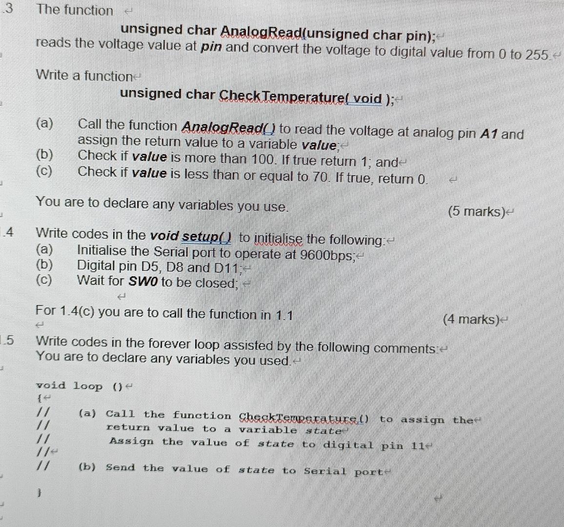 Solved 3 ﻿The functionunsigned char AnalogRead(unsigned char | Chegg.com