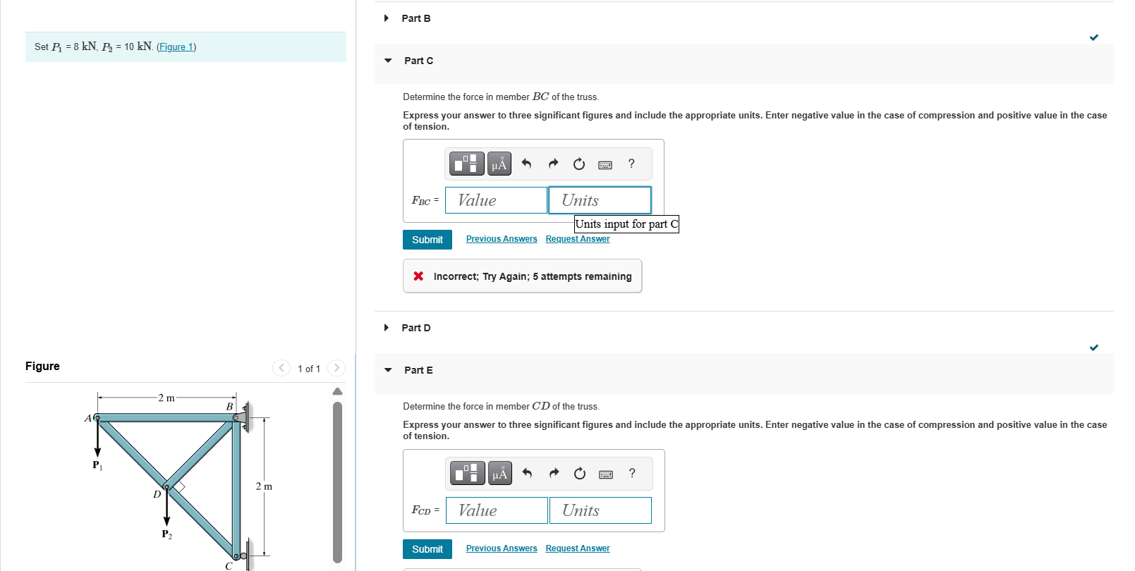 Solved Set P_(1)=8kN,P_(2)=10kN. (Figure 1)Part CDetermine | Chegg.com
