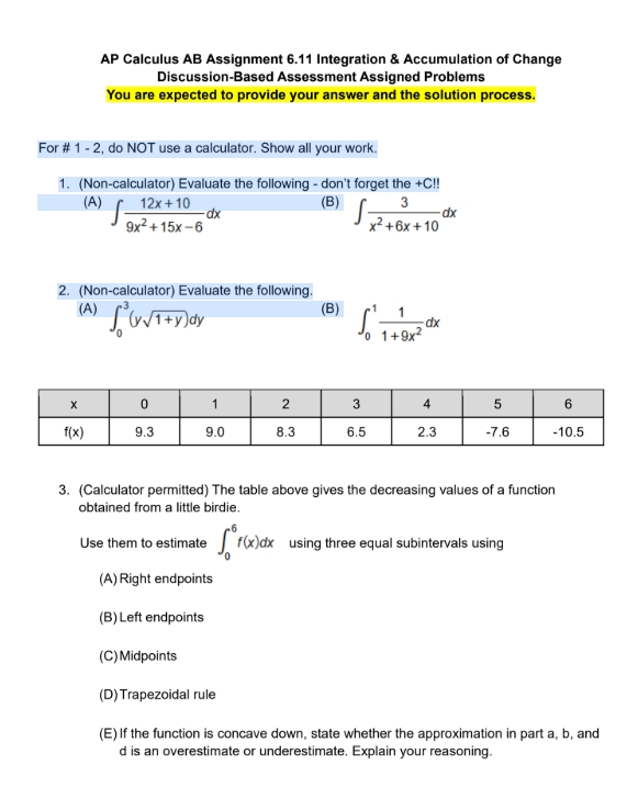 AP ﻿Calculus AB ﻿Assignment 6.11 ﻿Integration & | Chegg.com