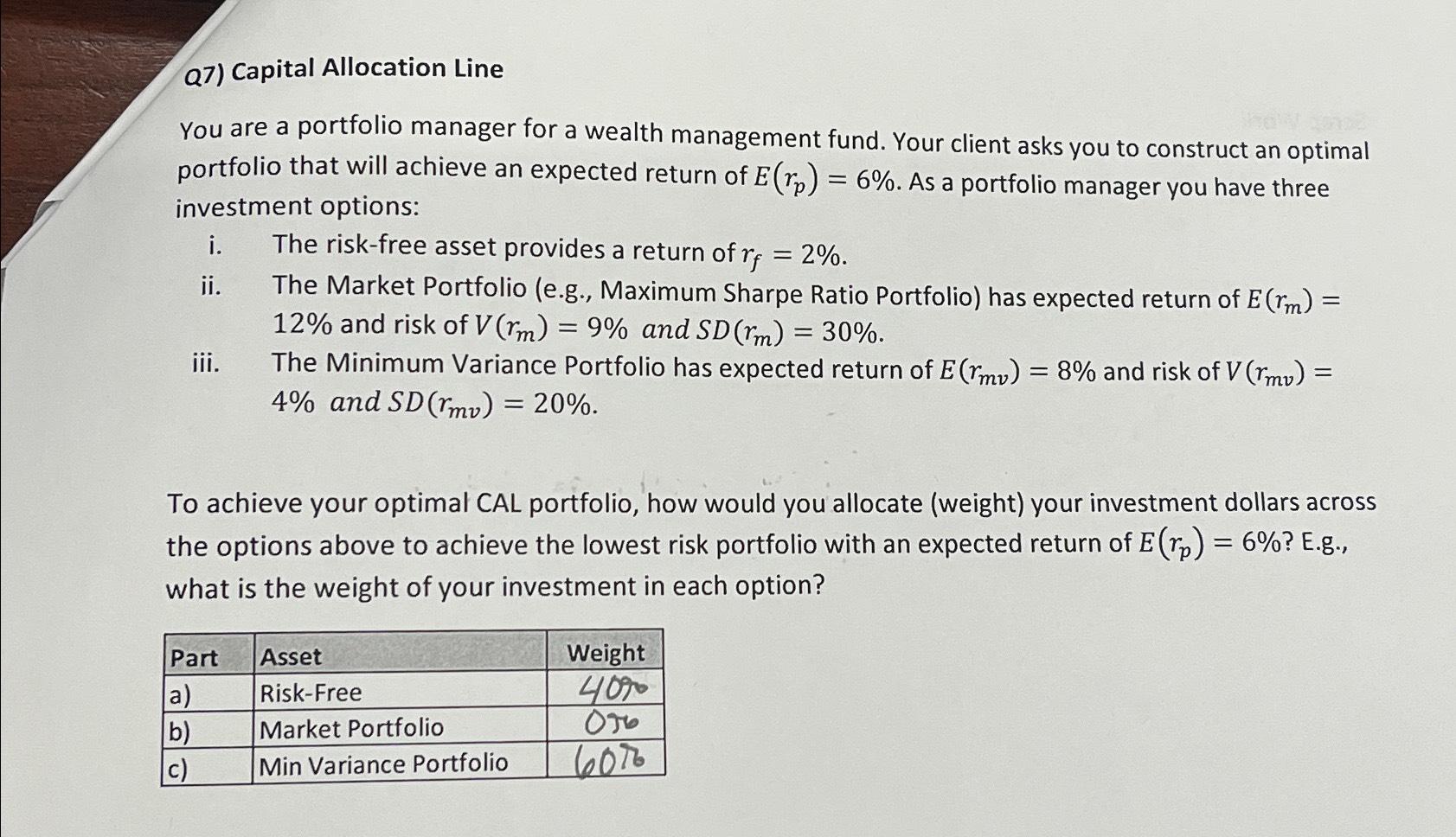 Solved Q7) ﻿Capital Allocation LineYou are a portfolio | Chegg.com