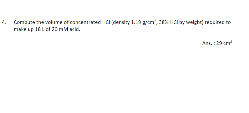 Compute the volume of concentrated HCl (density | Chegg.com
