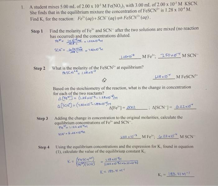 Solved 1. A student mixes 5.00 mL of 2.00 x 10' M Fe(NO), | Chegg.com