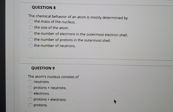 Solved 00000 QUESTION 8 The chemical behavior of an atom is | Chegg.com