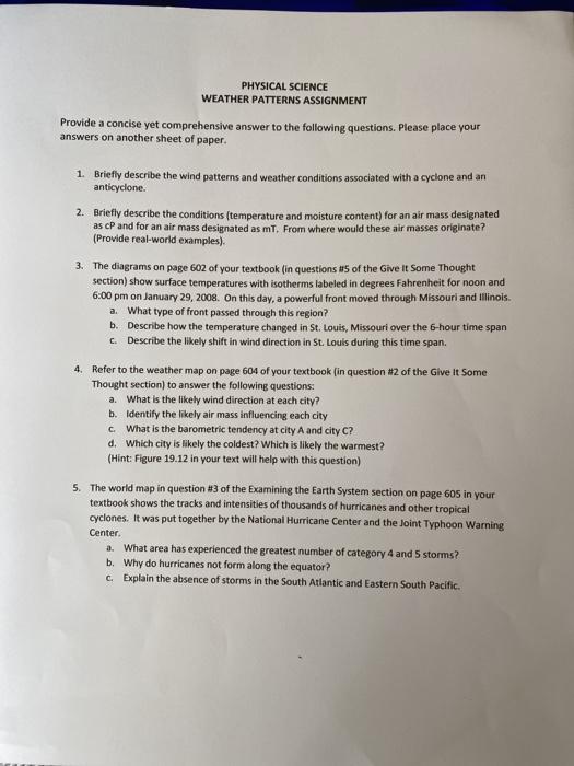 Solved PHYSICAL SCIENCE WEATHER PATTERNS ASSIGNMENT Provide | Chegg.com