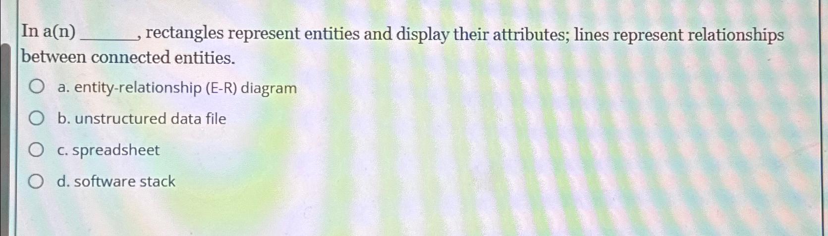 Solved In a(n) ﻿rectangles represent entities and display | Chegg.com