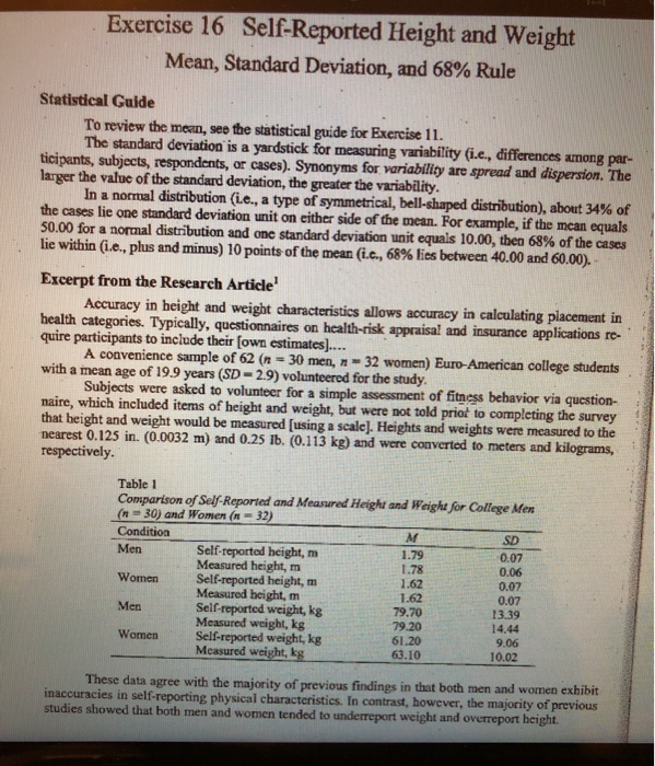 Solved Exercise 16 Self-Reported Height and Weight Mean, | Chegg.com