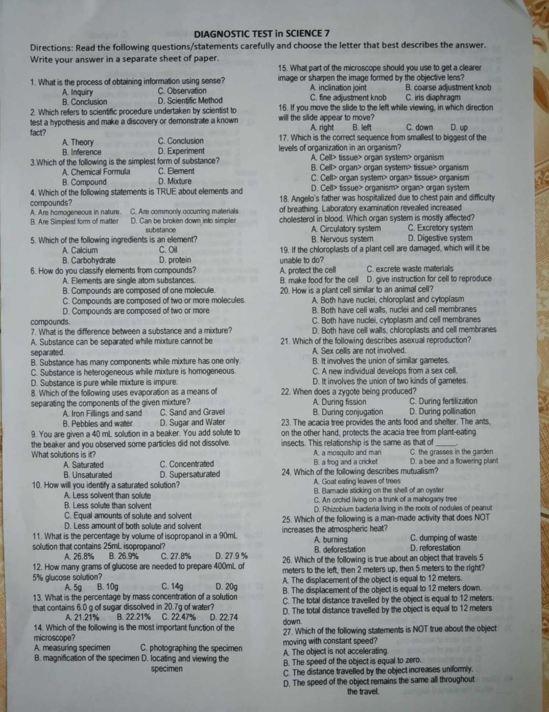 Solved DIAGNOSTIC TEST in SCIENCE 7 Directions: Read the | Chegg.com