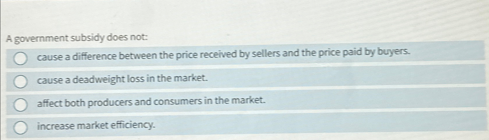 Solved A government subsidy does not:cause a difference | Chegg.com