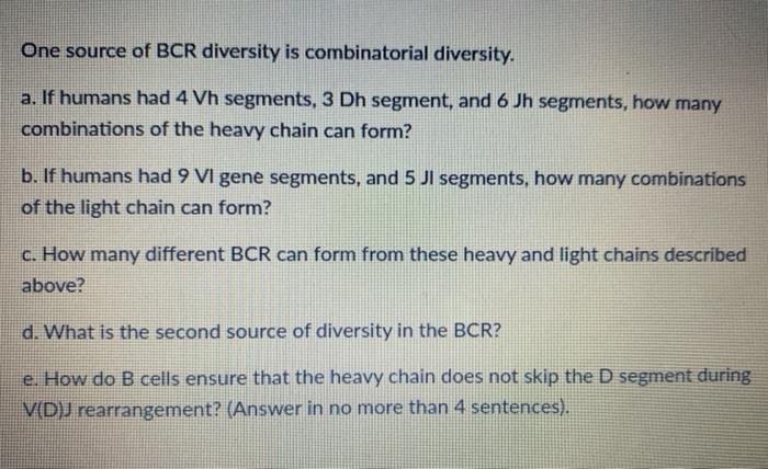 Solved One source of BCR diversity is combinatorial | Chegg.com