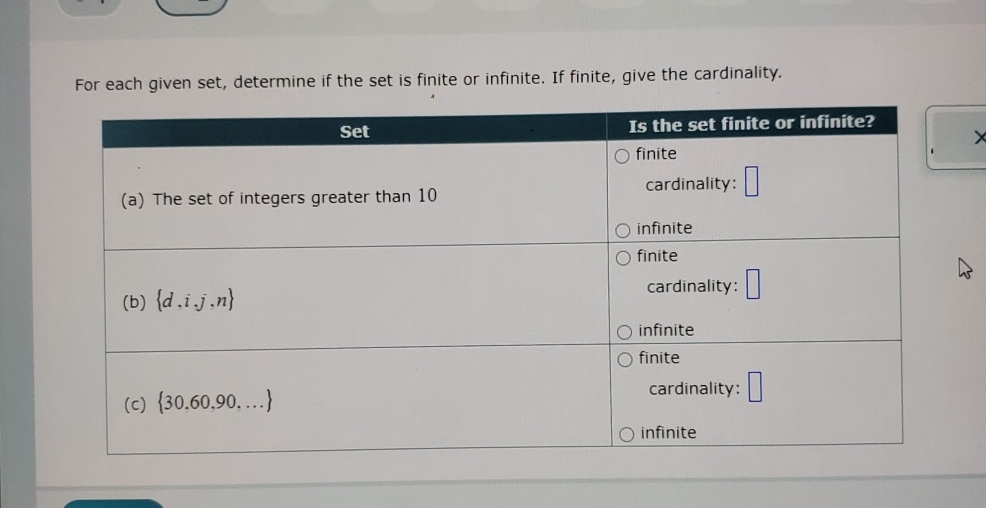 Solved For Each Given Set Determine If The Set Is Finite Or