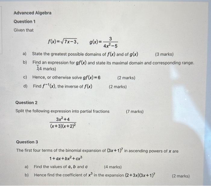Solved Advanced Algebra Question 1 Given that | Chegg.com