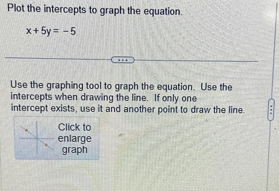 Solved Plot the intercepts to graph the equation.x+5y=-5Use | Chegg.com
