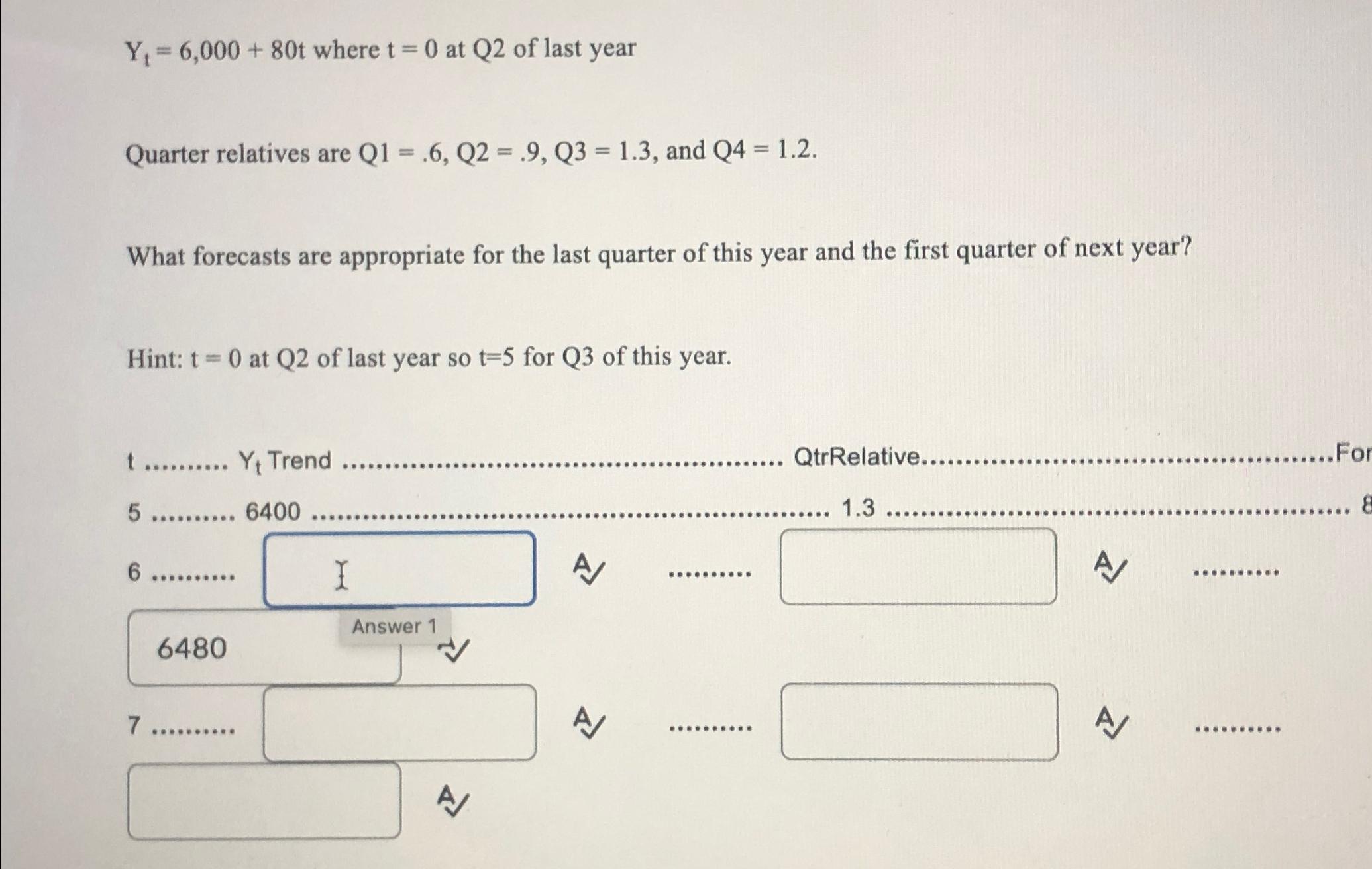 Solved Yt=6,000+80t ﻿where t=0 ﻿at Q2 ﻿of last yearQuarter | Chegg.com