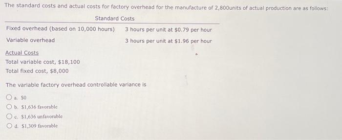 Solved The variable factory overhead controllable variance | Chegg.com
