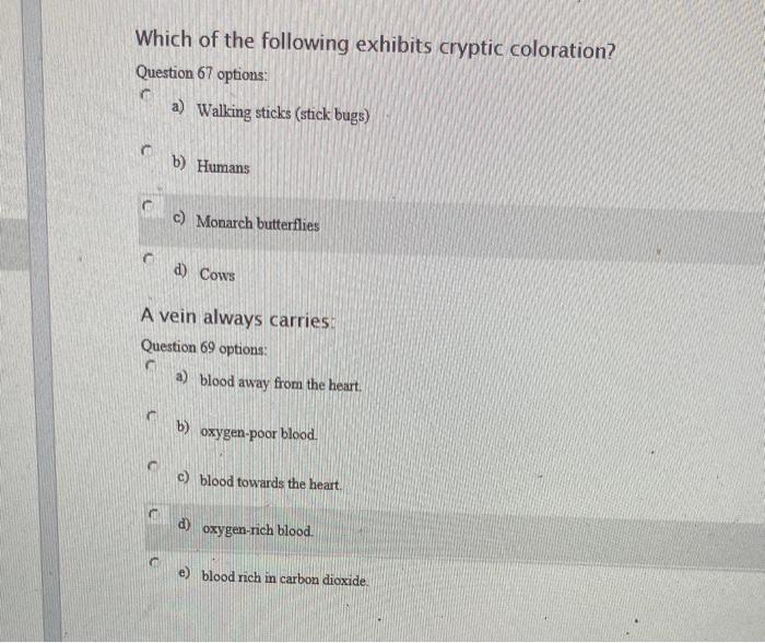 Solved Which of the following exhibits cryptic coloration? | Chegg.com
