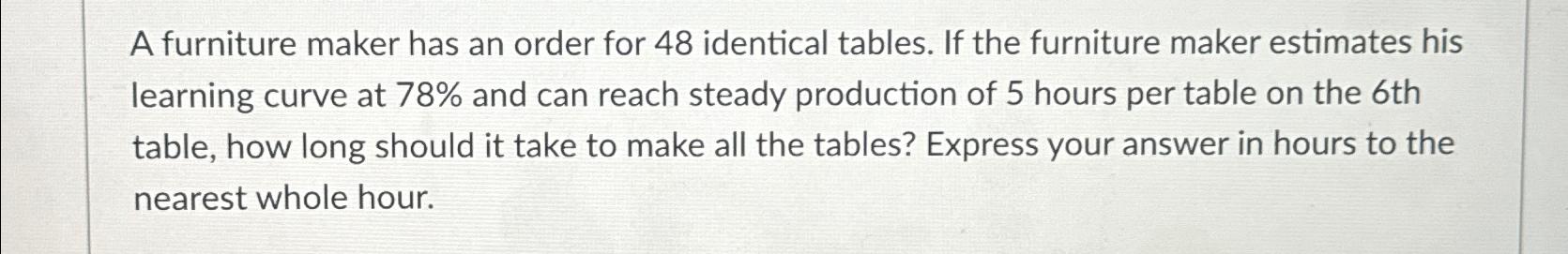 Solved A furniture maker has an order for 48 ﻿identical | Chegg.com
