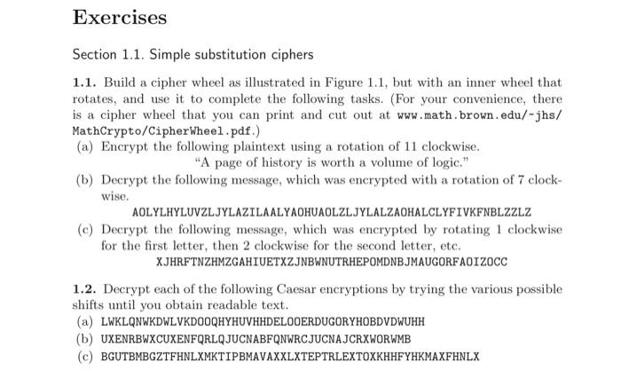 Exercises Section 1.1. Simple substitution ciphers | Chegg.com