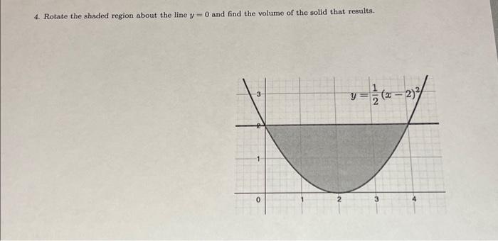 Solved 4. Fotate the shaded region about the line y=2 and | Chegg.com