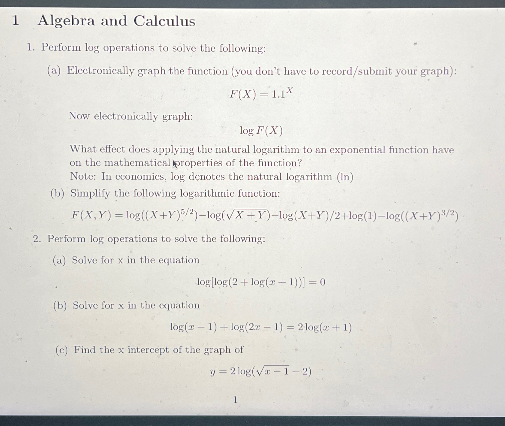 Solved 1 ﻿Algebra and CalculusPerform log operations to | Chegg.com